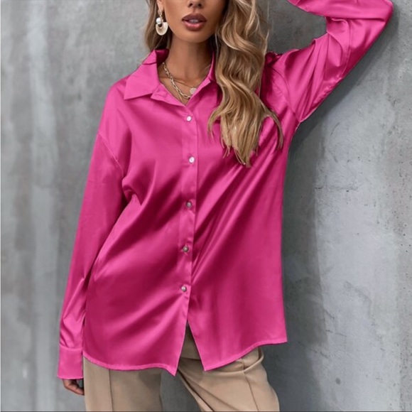 Couture Gypsy | Tops | Hot Pink Classic Button Up Satin Boyfriend Work ...